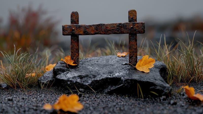 Rusty Frame on a Rock Surrounded by Autumn Leaves and Wet Grass Nature ...