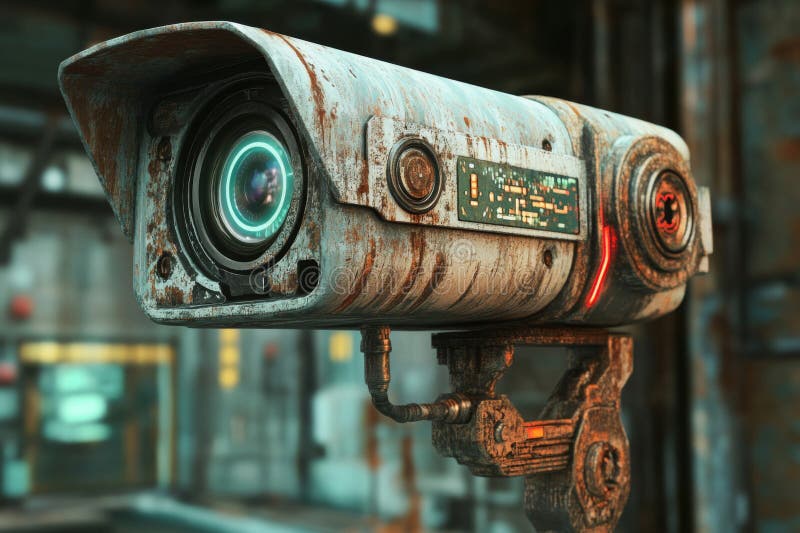 Rusty Futuristic Surveillance Camera in a Grungy Industrial Setting ...