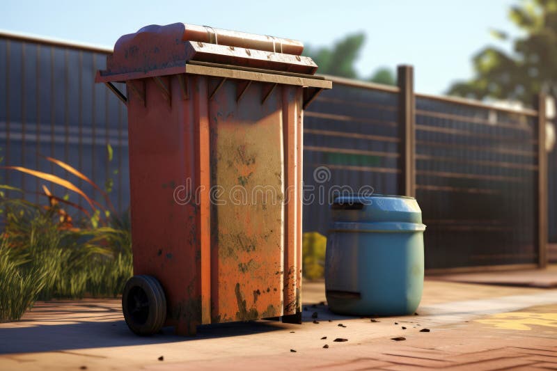 Rusty Garbage Bin beside a Blue Recycle Bin Stock Photo - Image of ...