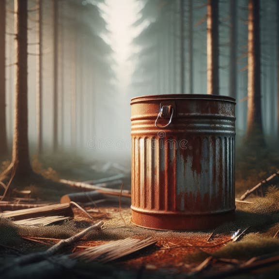 A Rusty Garbage Can in the Forest in the Fog. Stock Image - Image of ...