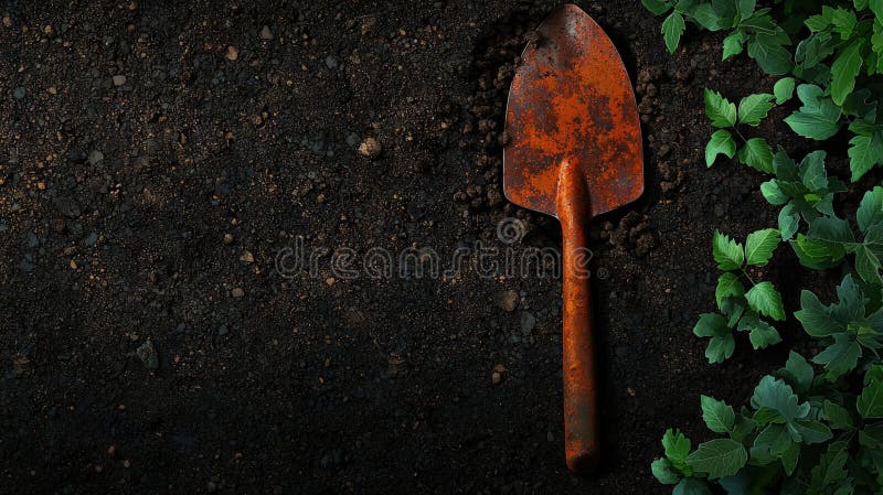 Rusty Garden Trowel Resting on Dark Soil Surrounded by Green Leaves ...