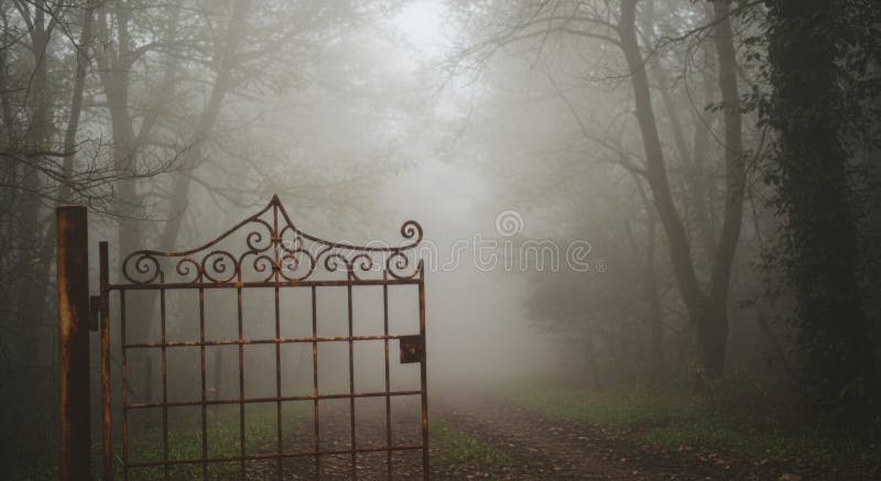 Rusty Gate in a Foggy Forest Path Stock Illustration - Illustration of ...
