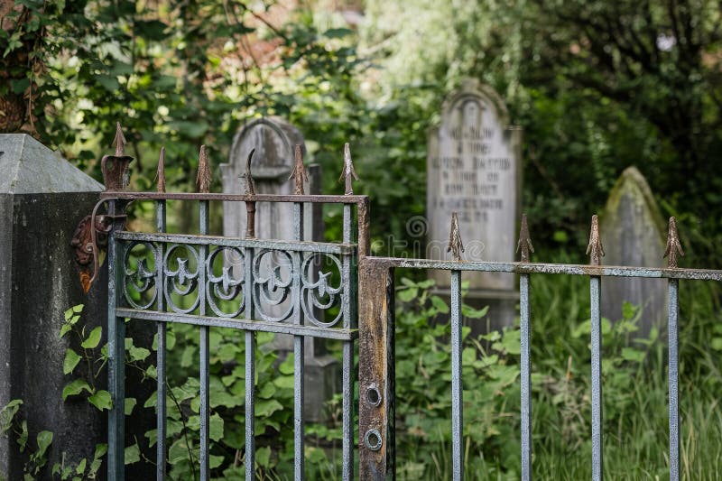 Rusty Gate in a Lush Cemetery Stock Image - Image of landscape ...