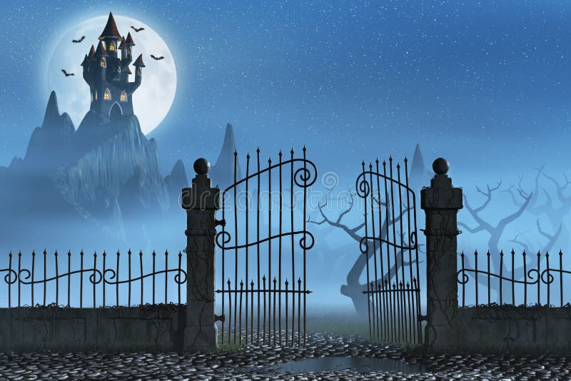 Rusty Gate and a Spooky Dark Castle Stock Illustration - Illustration ...