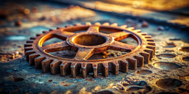 A Rusty Gear Wheel on a Weathered Metallic Surface at Sunset ...