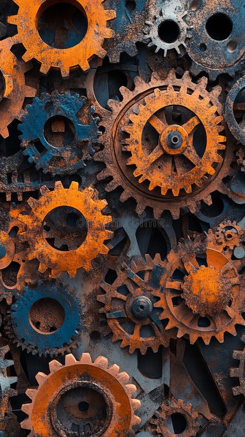 Rusty Gears Background with Blue and Orange Industrial Texture Stock ...