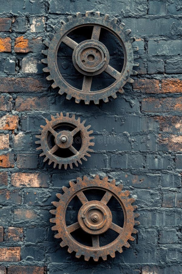 Rusty Gears on Brick Wall stock image. Image of mechanical - 378167509
