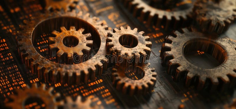 Rusty Gears on Digital Circuit Board Background, Showcasing Industrial ...