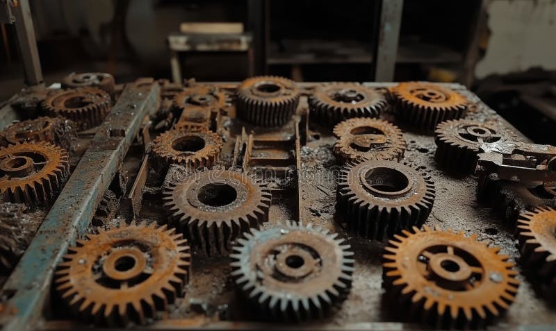 Rusty Gears and Machinery Components Scattered on a Workbench ...