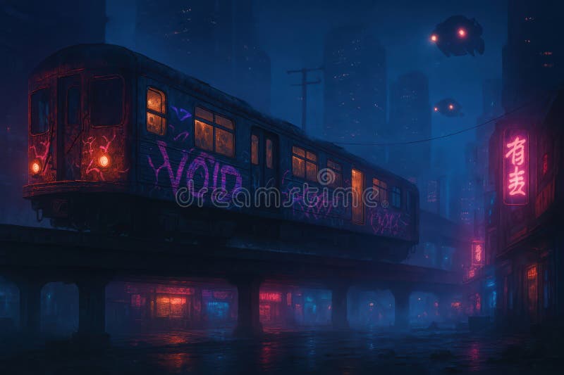 Rusty Graffiti-covered Subway Train Passing through Neon-lit Dystopian ...