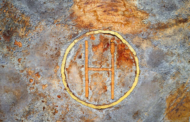Rusty Helipad at Abandoned Mine Over Rough Stone Surface, Aerial View ...