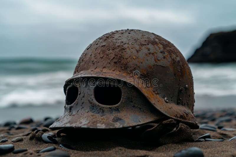 Rusty Helmet on Wet Beach Sand Under Cloudy Sky with Ocean Waves in ...