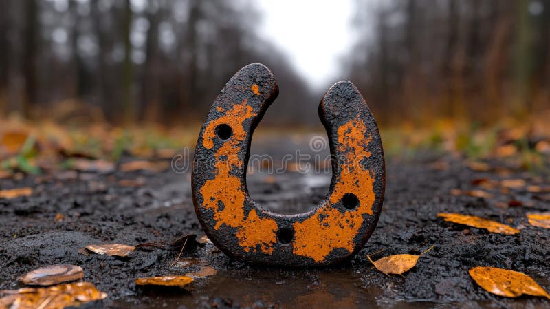 Rusty Horseshoe on a Muddy Path Surrounded by Autumn Leaves Stock ...