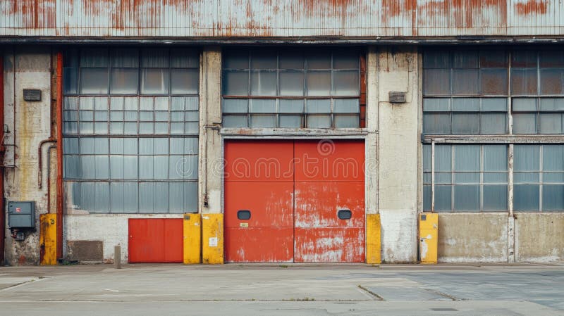 Rusty Industrial Building Featuring Large Red Doors and Windows Stock ...