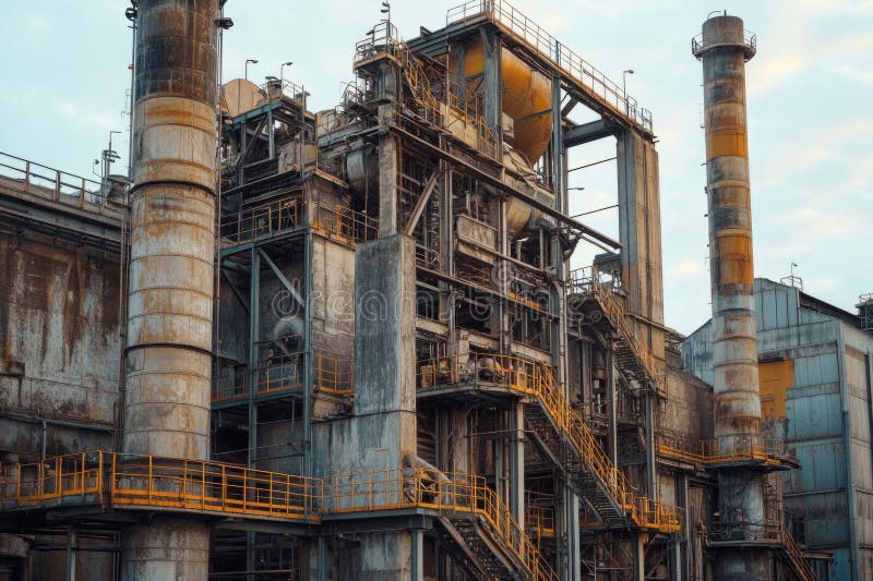 Rusty Industrial Building with Large Chimneys and Complex Metal ...