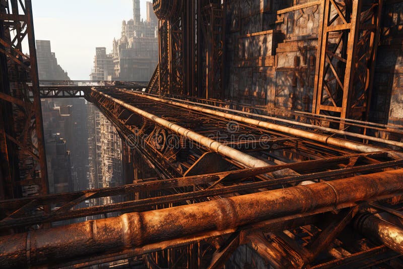 Rusty Industrial Constructions Over Decayed City. Post-apocalyptic Sci ...