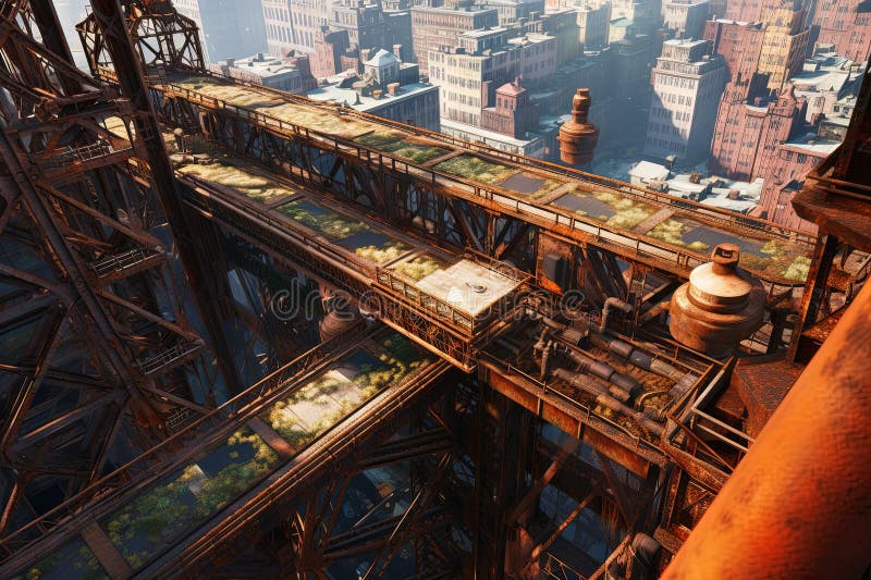 Rusty Industrial Constructions Over Decayed City. Post-apocalyptic Sci ...