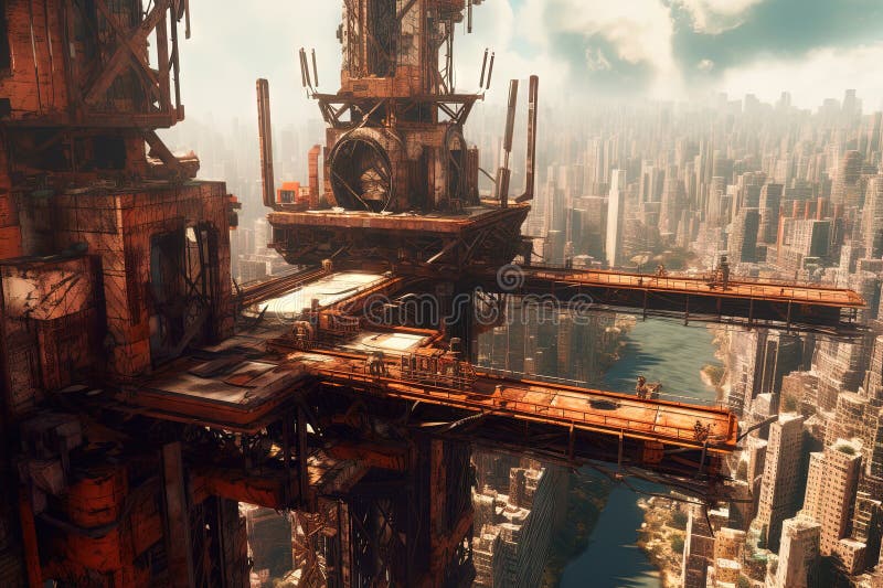 Rusty Industrial Constructions Over Decayed City. Post-apocalyptic Sci ...