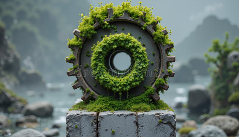 A Rusty Industrial Gear Overgrown with Moss in a Misty Forest: a Study ...