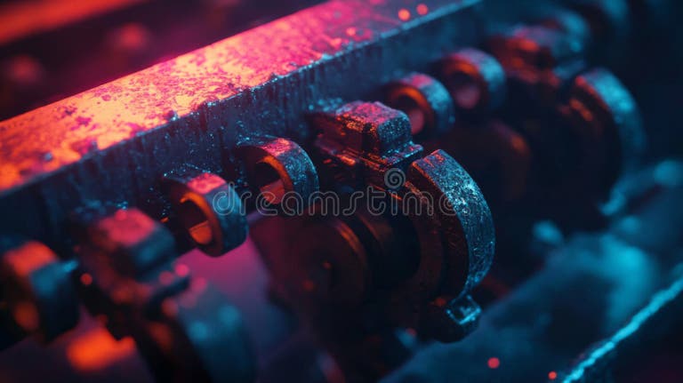 Rusty Industrial Machine Components Underneath Neon Lights Stock ...