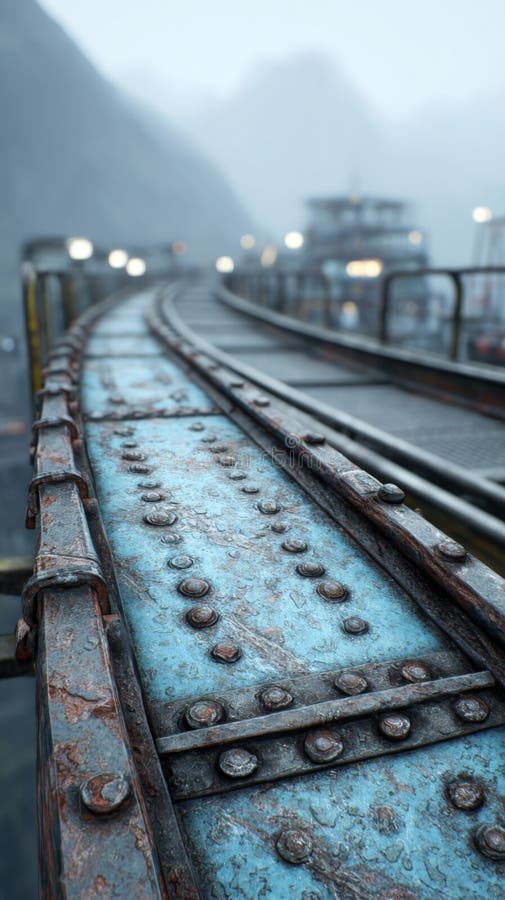 Rusty Industrial Rails Curve on Foggy Mountainside Stock Illustration ...