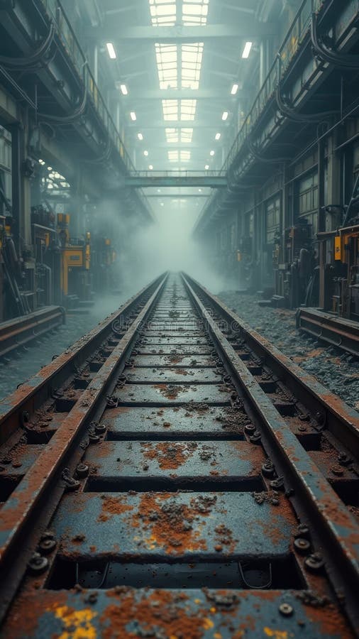 Rusty Railway Tracks Foggy Industrial Warehouse Setting Stock Photos ...