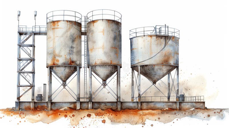Rusty Industrial Silos with Connecting Structures and Weathered Effects ...