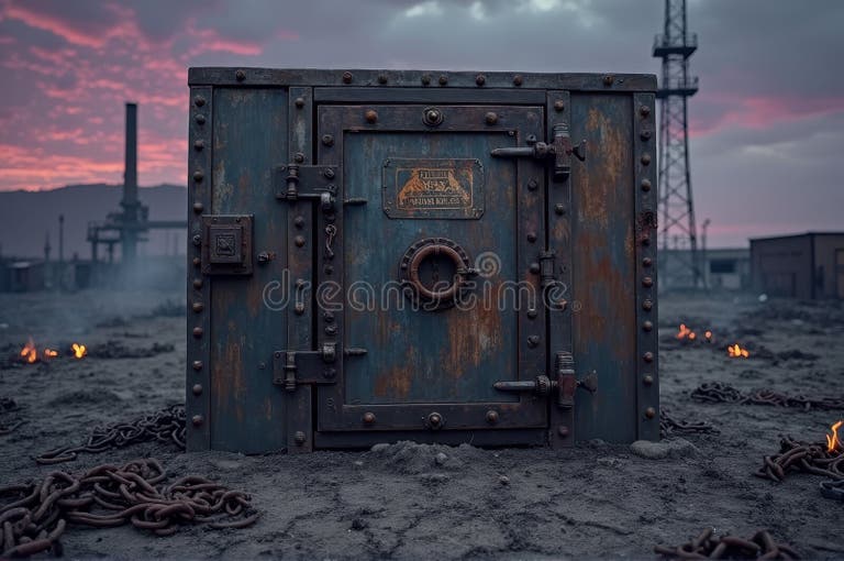 Rusty Industrial Vault on Charred Landscape Amidst Chains and Fires at ...