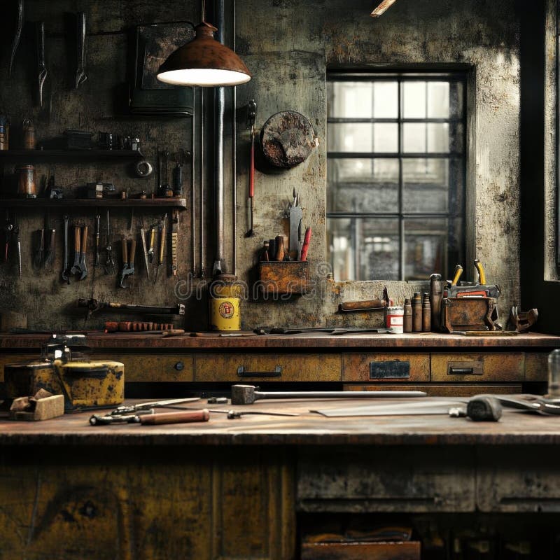 Rusty Industrial Workshop with Tools and Workbench Stock Illustration ...