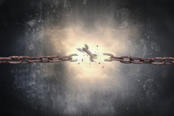 Rusty Iron Chains Broken with Spark Light and Dark Wall Stock Image ...