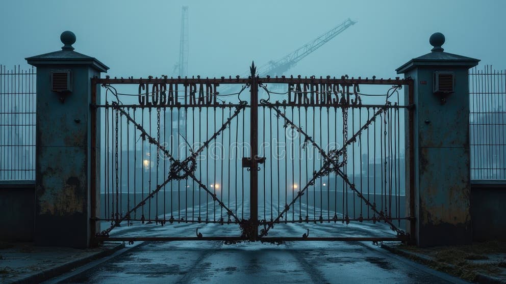 Rusty Iron Gates of Abandoned Industrial Complex at Dawn with Fog and ...