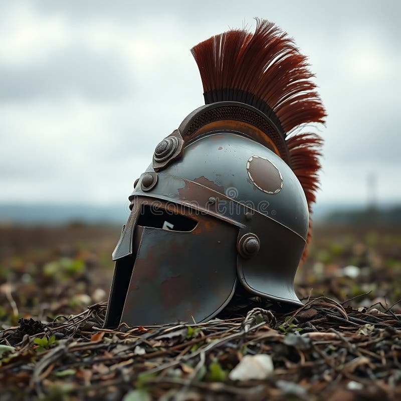 A Rusty Iron Helmet with a Plume Lying on a Battlefield Stock ...