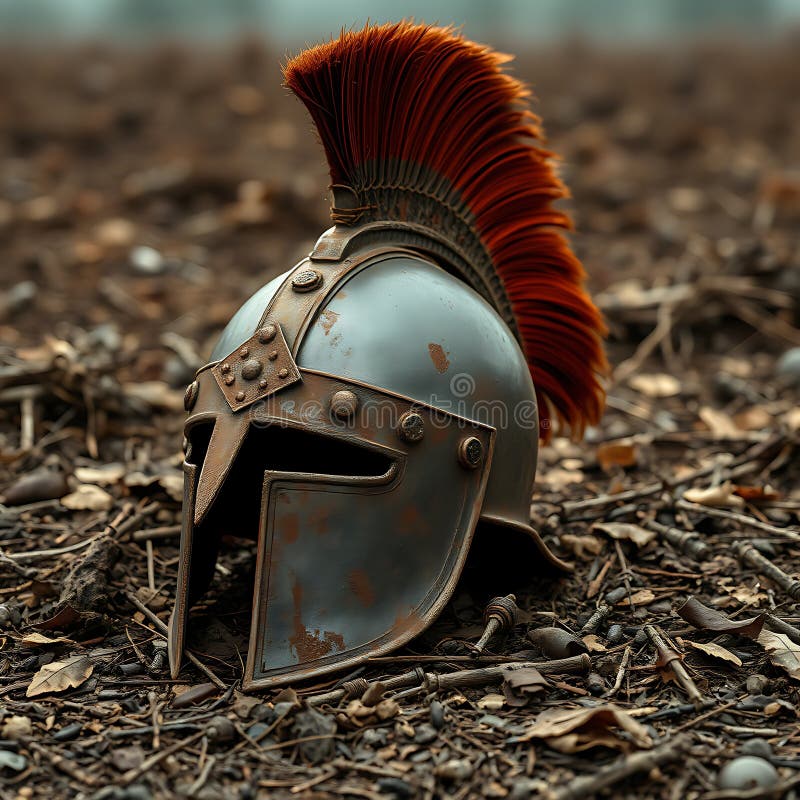 A Rusty Iron Helmet with a Plume Lying on a Battlefield Stock ...