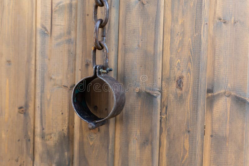 Old Shackles Metal Handcuffs on Chains Arrest Slavery Wooden Vertical ...