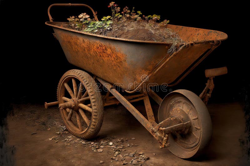 Rusty Iron Wheelbarrow with Plants Growing in it on Ground Stock ...