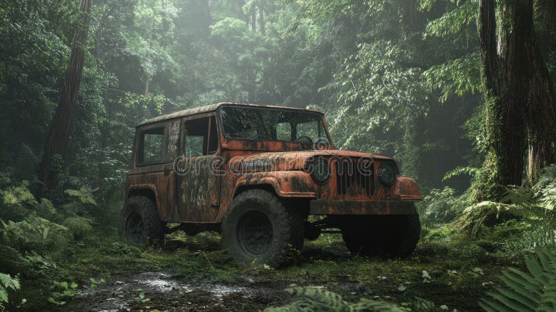 Rusty Jeep in Jungle stock illustration. Illustration of vintage ...