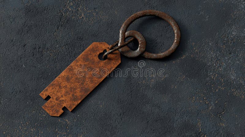 Rusty Key Tag with a Circular Ring on a Textured Dark Background Stock ...