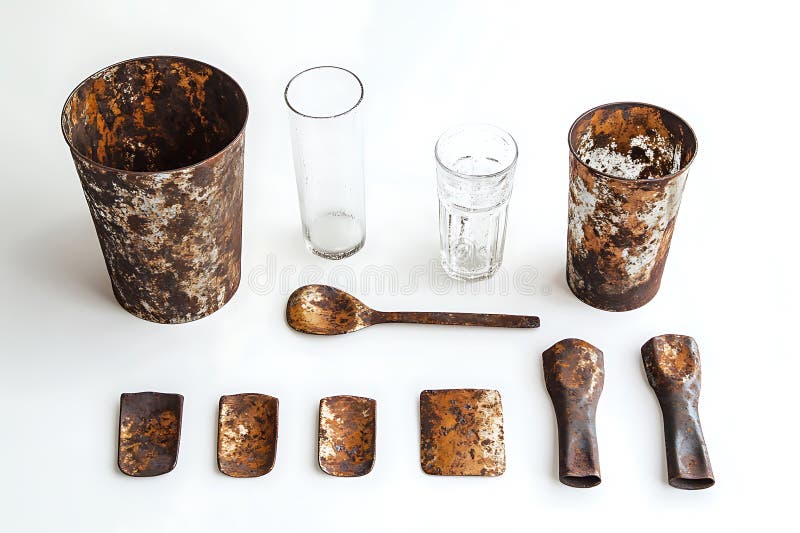 Rusty Kitchen Utensils and Glassware on White Background Stock ...