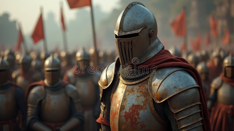 Rusty Knight in Armor Leading a Crowd in Medieval Setting Stock ...