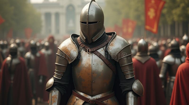 Rusty Knight in Broken Armor Stands before a Crowd of Soldiers Stock ...