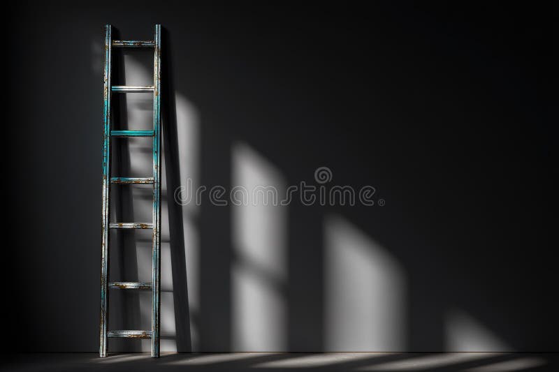 Rusty Ladder Stands Against a Dark Wall, Casting Long Shadows that ...