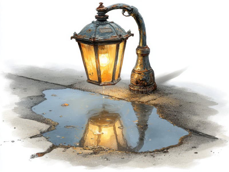 Rusty Lamppost Reflecting in a Puddle Stock Illustration - Illustration ...