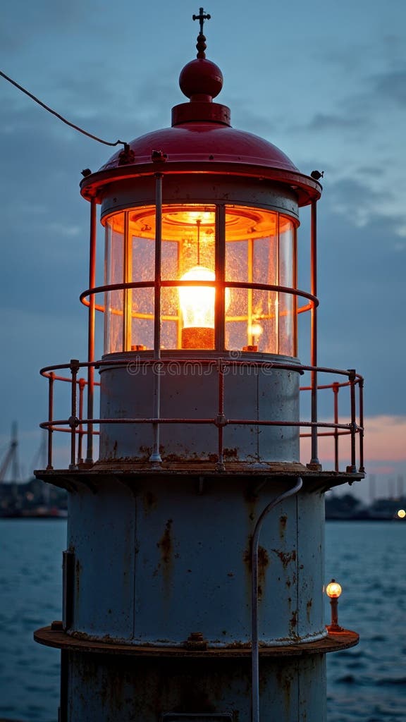Rusty Lighthouse with Warm Glow at Dusk by the Sea Stock Photo - Image ...