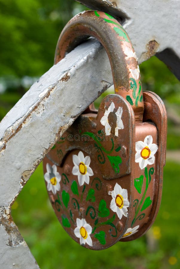 Rusty Lock Covered with Camomile Drawings Stock Photo - Image of bridge ...