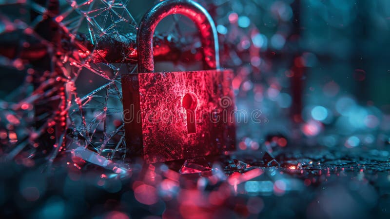 Rusty Lock Surrounded by Shattered Glass in Low Light, Mysterious and ...