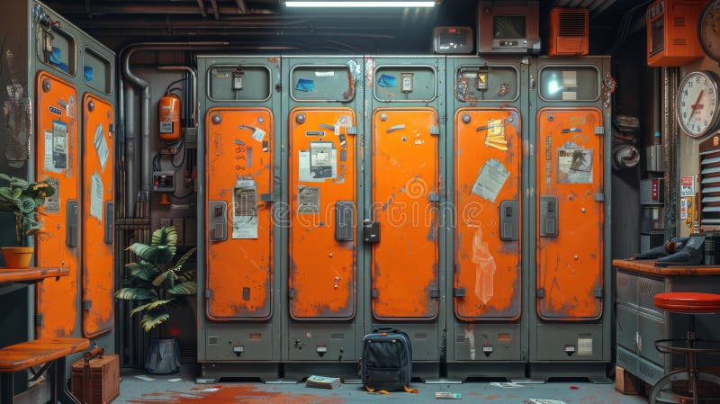 Rusty Lockers in a Retro-Futuristic Setting Stock Illustration ...