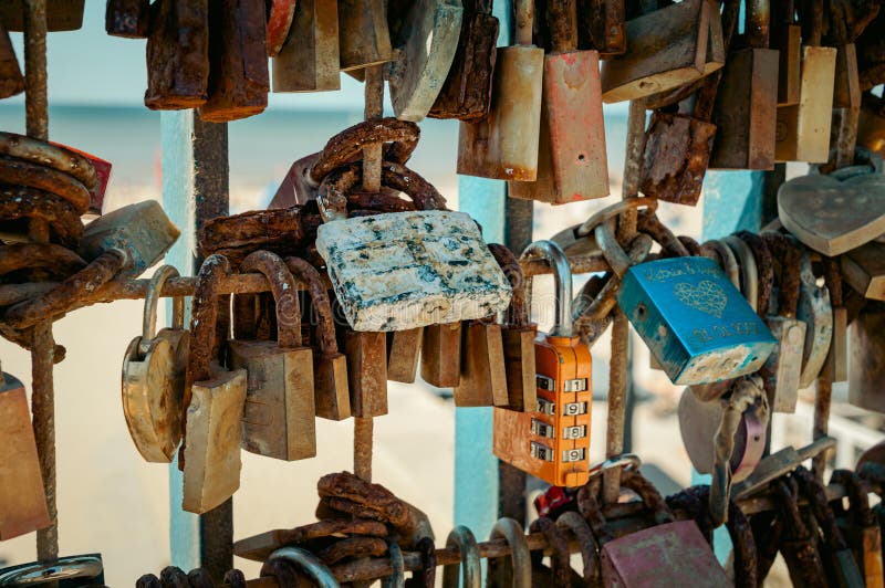 Rusty Love Locks Attached To Railings on a Bridge Stock Photo - Image ...