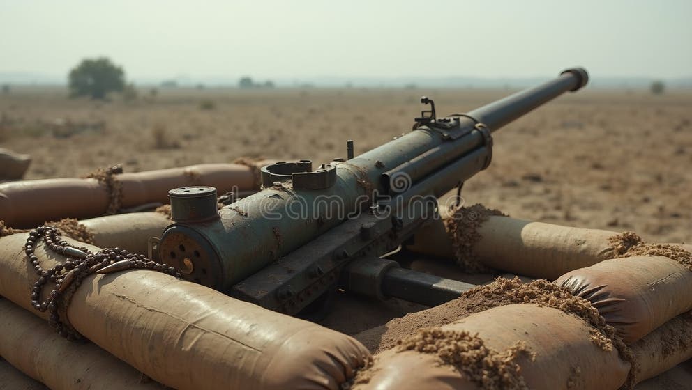 Rusty Machine Gun Nest with Empty Shells and Bullets in Barren Field ...