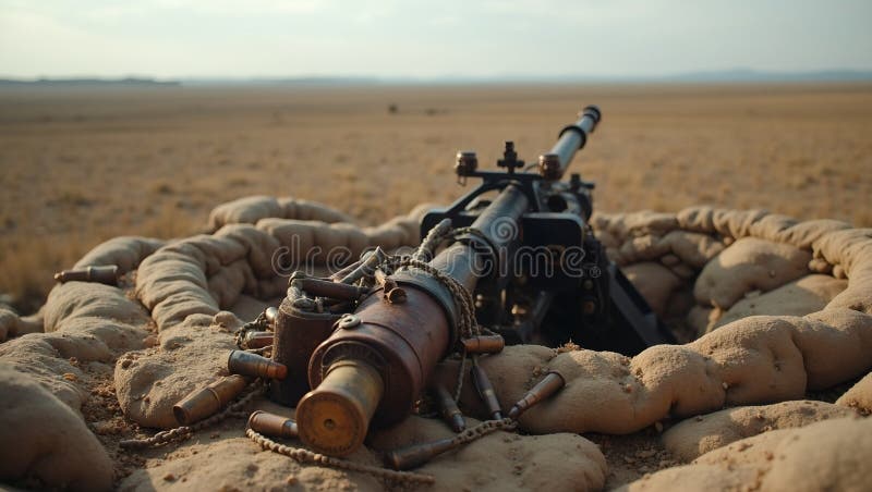 Rusty Machine Gun Nest with Empty Shells and Bullets in Barren Field ...