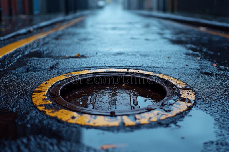 Rusty Manhole Cover Reflecting on Wet Asphalt Road Surface after Rain ...
